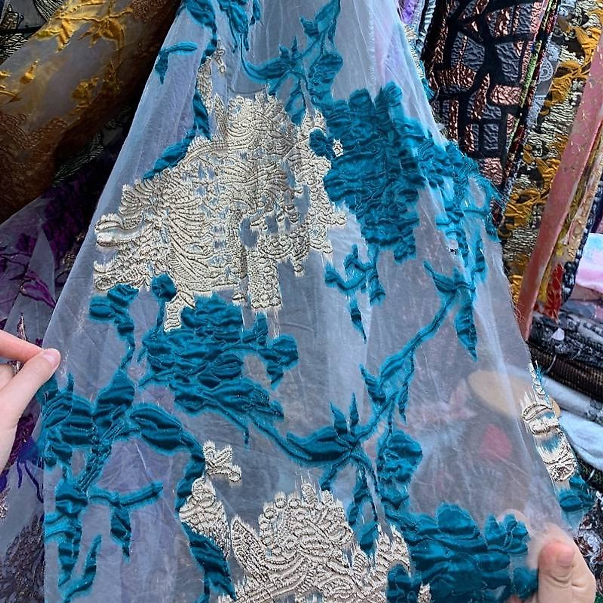 3 Yards African Lace Fabric French Beaded Sequins Lace,Net Tulle Fabric,Embroidered Fabric for Dress Guipure lace L03 (Green)