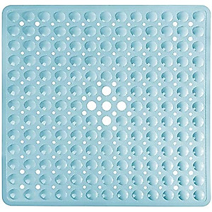 Yimobra Shower Bathtub Mat Non Slip, 21x21 Inch, Soft Square Bath Mat for Tub with Suction Cups and Drain Holes, Stall Floor Mats for Bathroom, Machine Washable, Bathroom Accessories, Light Blue