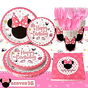 Min-niee Theme Birthday Party Supplies Tableware-113pcs Min-niee Tableware Set Include Min-niee Mou-ses Party Plates Cups Napkins Table Cloth& Spoon Set etc Party Decor, Serves 16