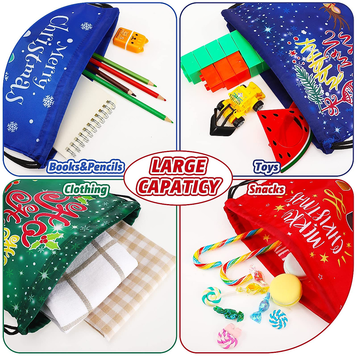 Mixweer 24 Pcs Christmas Drawstring Gift Bags Bulk Xmas Kid Snowman Goodies Snack Treat Presents Wrapping Reusable Children Birthday Party Sport Supplies 12 x 10 Inch (Vivid Style)