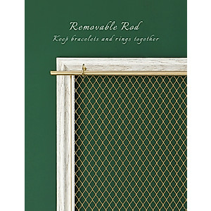 Heesch Hanging Earring Organizer Frame Wall Mounted Jewelry Holder Vintage Rustic Stud Earring Display with Removable Rod and 12 Hooks for Necklaces, Bracelets and Rings (Distressed White)