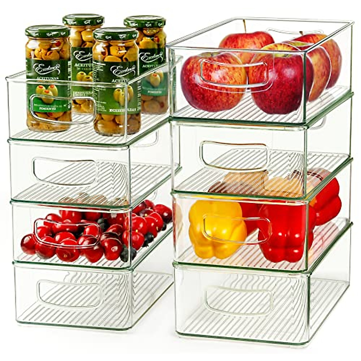 Hudgan Set Of 8 Refrigerator Organizer Bins (4 Large & 4 Medium sizes) - Stackable Fridge Organizer, Clear Plastic Storage Bins for Kitchen, Pantry, Freezer, Cabinets, Linen Closets
