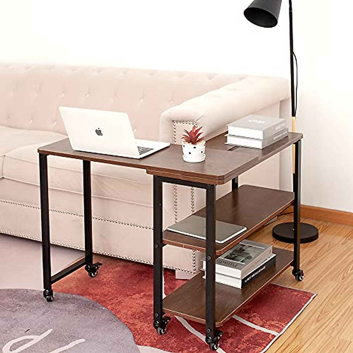 Coral Flower Accent 360° Free Rotating Sofa, Side Snack Table for Home Office, Dark Oak