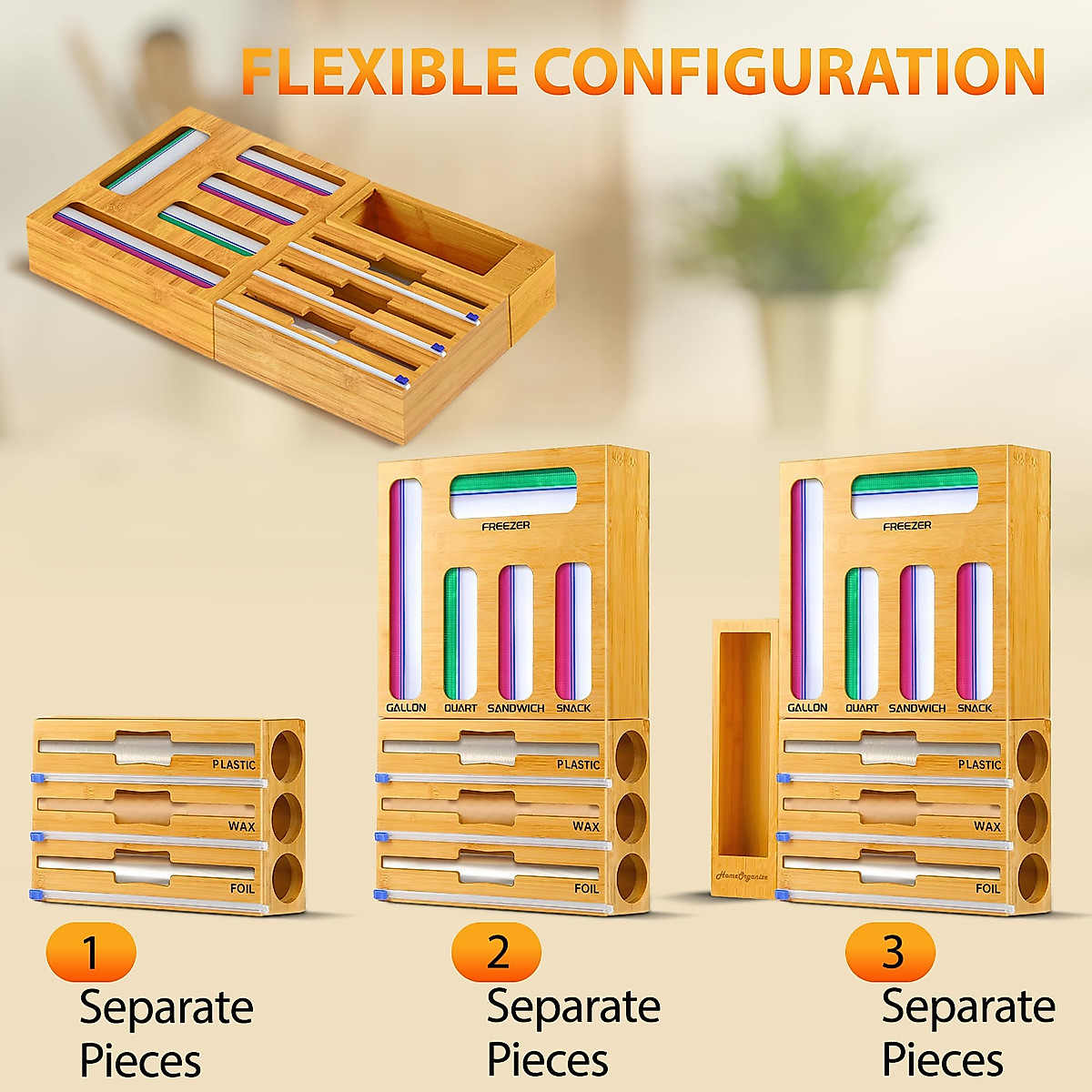 HomeOrganize Ziplock Bag Storage & Wrap Dispenser with Cutter,Clips Box & Labels for Kitchen Drawer & Wall,9 in 1 Bamboo Organizer for Gallon, Quart, Snack Bags & Plastic, Aluminum Foil, Wax 12" Roll.