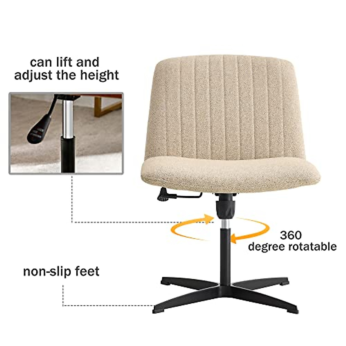 gopop Swivel armless Chair No Wheels,Office Desk Chair with Fabric Padded,Height Adjustable Wide Seat Computer for Home Office,Mid Back Accent Chair (Beige)