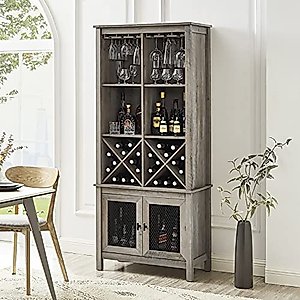 Home Source Bar Cabinet Bookshelf with Wire Mesh Doors in Stone Grey