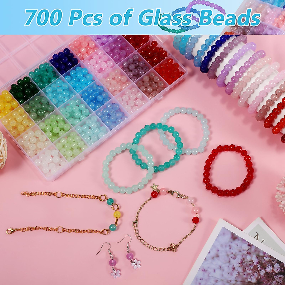 700 Pcs 8mm Glass Beads for Jewelry Making,28 Colors Crystal Beads Bracelet Kit for Bracelet Jewelry Making and DIY Crafts