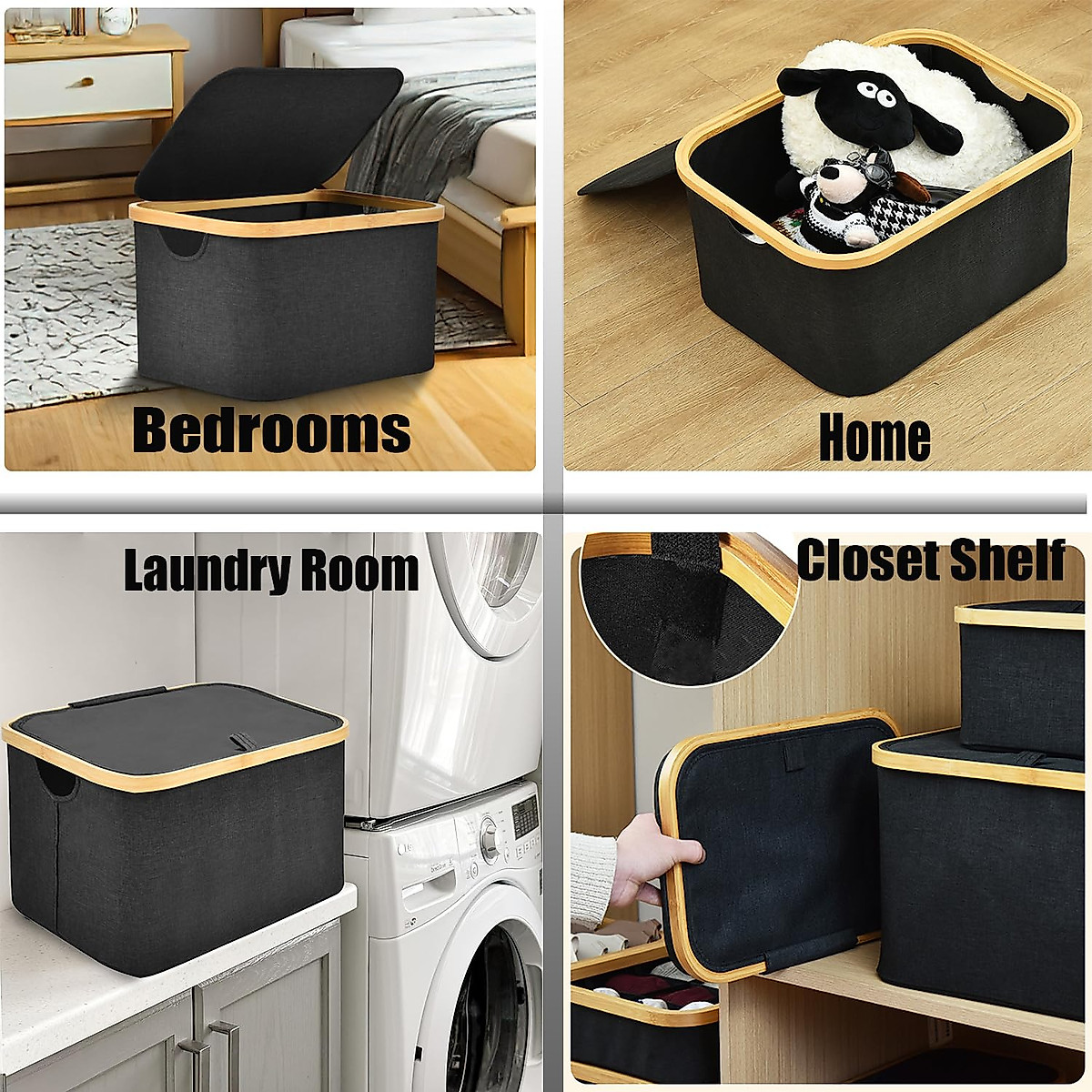 Fabric Storage Basket for Shelves, Black Storage Basket with Bamboo Handles, Collapsible Storage Bins, Rectangle Closet Baskets, Wardrobe Organiser, for Sorting Clothes, Family Items (with lid)