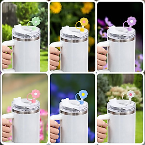 Amrules 6Pcs Straw Covers Cap Toppers, 0.4in /10mm Straws Cap for 20&30&40oz Tumbler Drinking Cup with Handle, Reusable Cute Silicone Tips Lids Protectors for Water Bottle Accessories, Flower Shape