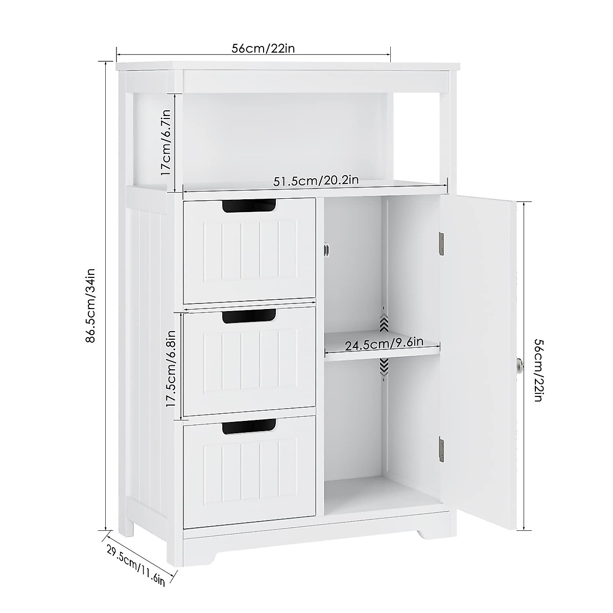 HORSTORS Bathroom Floor Cabinet, Free Standing Storage Cabinet with 3 Drawers and 1 Door & Adjustable Shelf, Modern Entryway Cupboard for Home Office, White