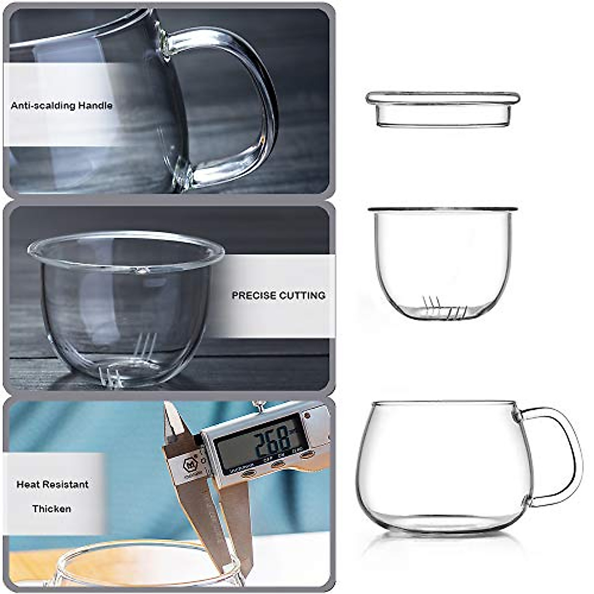 Lezero 13 ounce Tea Cups Kits Loose Tea-leaf Brewing System, Thickened Glass Cups with Tea Infuser Basket and Lid, Simple Filtration Teacups Great for Family Daily