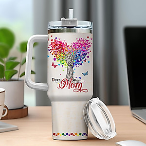 99WHALE Dear Mom Tree Color, Tumbler 40 Oz With Handle Lid And Straw, Mom Gifts, For Tumblers Mommy Modern Be Cups Heart Butterfly Day Straws Mama Simple Handle Momma Insulated