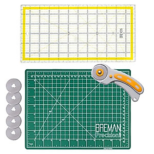 WA Portman Rotary Cutter Set & Cutting Mat for Sewing - 45mm Rotary Cutter for Fabric & 5 Blades - 9x12 Inch Fabric Cutting Mat - 6x12 Inch Acrylic Ruler for Cutting Fabric - Rotary Cutter and Mat Set