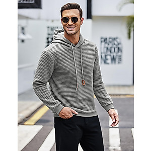 COOFANDY Mens Long Sleeve Drawstring Plaid Jacquard Hooded Sweatshirt, Grey, Medium