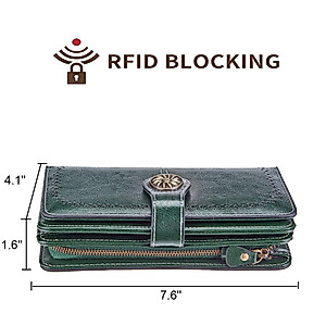 Travelambo Womens Wallet Large Capacity RFID Blocking Genuine Leather Wristlet Wallets(Green)