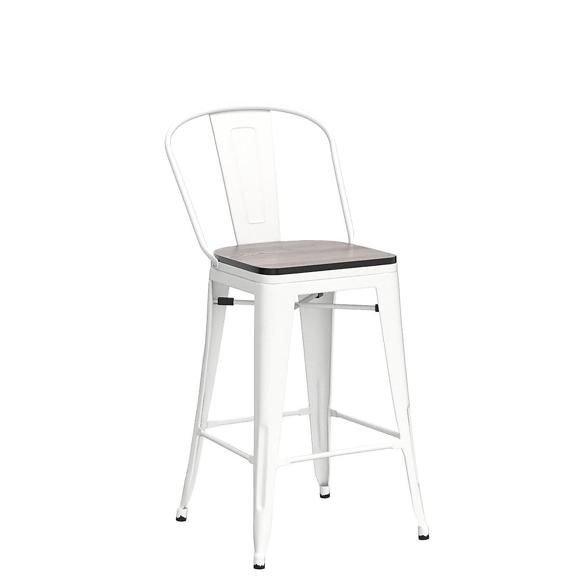 Yongqiang 24" Metal Bar Stools Set of 4 Kitchen Counter Height Bar Chairs High Back Farmhouse Barstools with Large Wooden Seat Cream White