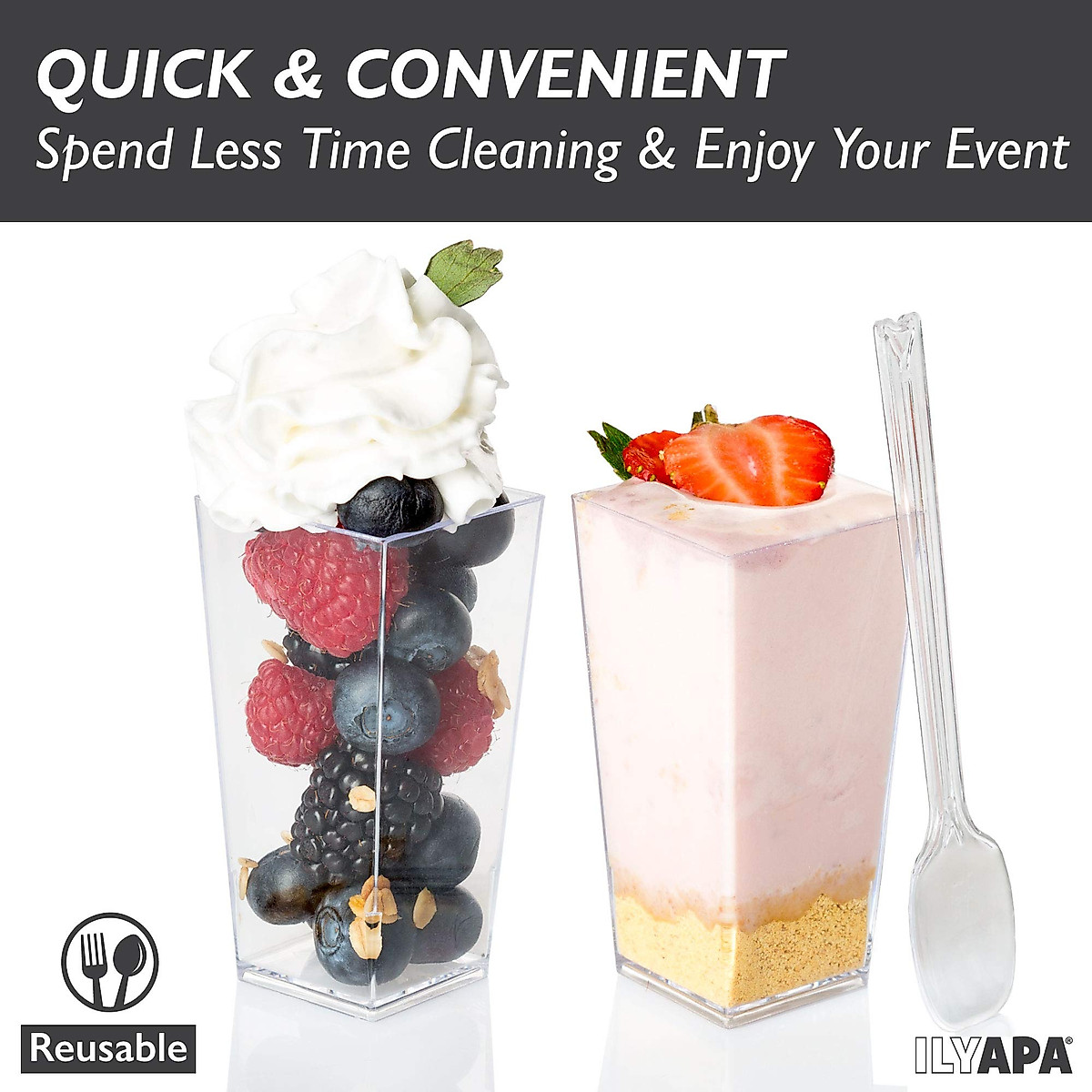 Ilyapa 100 Pack 3 ounce Dessert Cups, Plastic 3oz Dessert Cups with Spoons, Mini Shooters 3 oz, Cheesecake Shooter Cups, Chocolate Mousse Cups, Appetizer & Breakfast Brunch Accessories, Round