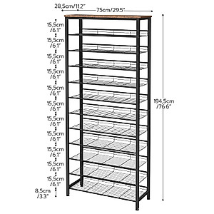 HOOBRO 12-Tier Shoe Rack, Large Capacity Shoe Storage Organizer for 35-45 Pairs of Shoes, Standing Shoe Shelf with Slanted Shelves, for Entryway, Closet, Hallway, Rustic Brown and Black BF51XJ01