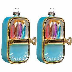 2 Pack Glass Sardine Tin Christmas Ornaments for Christmas Tree Decorations, Hanging Decorative Hand Painted Blown Glass Sardine Can Canned Fish Seafood Ornaments