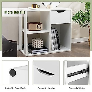 Giantex 3 Cube Bookcase with Drawer White, 21" Wooden Floor Standing Storage Organizer w/Open Storage Cabinet, Freestanding Display Shelf for Bedroom Living Room Kid’s Playroom Reading Nook (1)