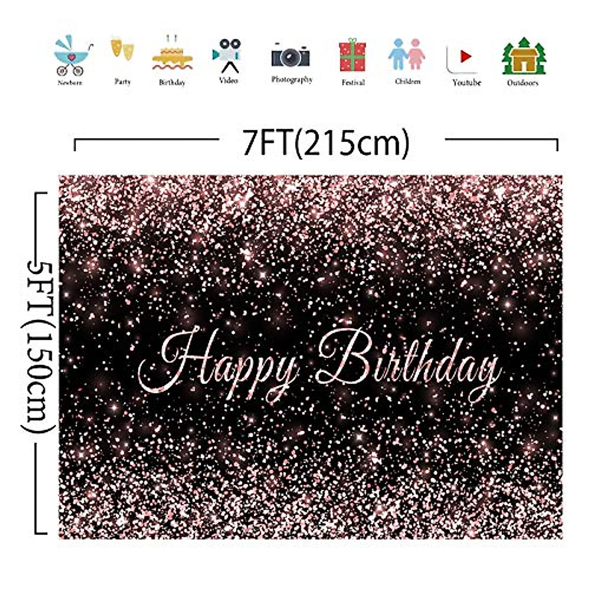Haboke 7x5ft Durable Fabric Happy Birthday Backdrop Pink and Black Shiny Gold dot Glamour Sparkle Sweet Photography Background for Kids Adults Birthday Party Decorations Supplies Photo Studio Props …