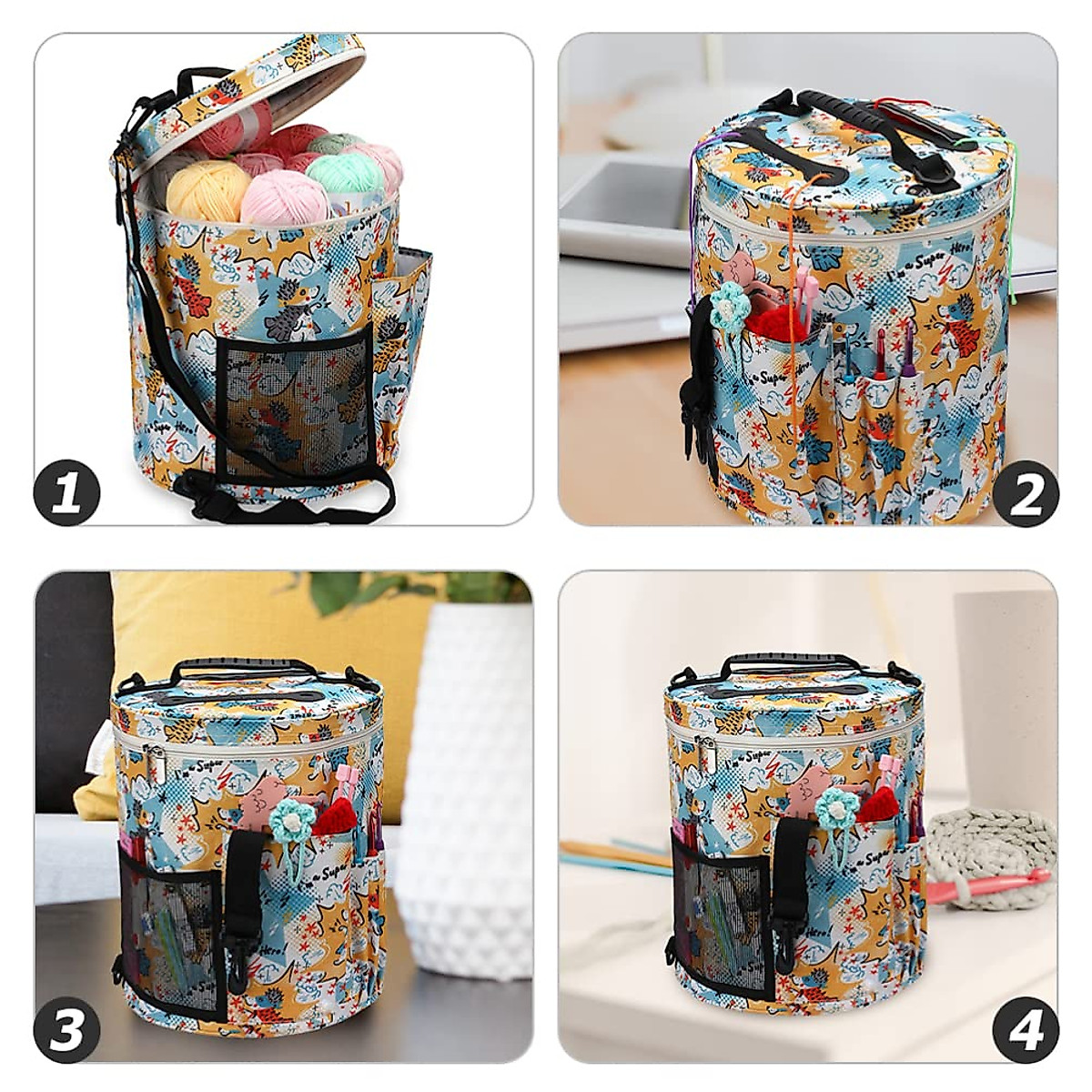 Knitting Bag Yarn Storage Tote Organizer with Shoulder Strap Handles Portable DIY Tool Bucket Round Container for Knitting Needles Crochet Hooks Accessories