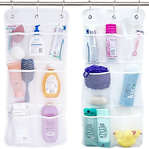 S&T INC. Shower Organizer, Shower Caddy or Bathroom Organizer with Quick Drying Mesh, 7 Pockets to Hold Shampoo, Soap, Loofah, and Cruise Ship Essentials, 14 Inch by 30 Inch, White, 2 Pack