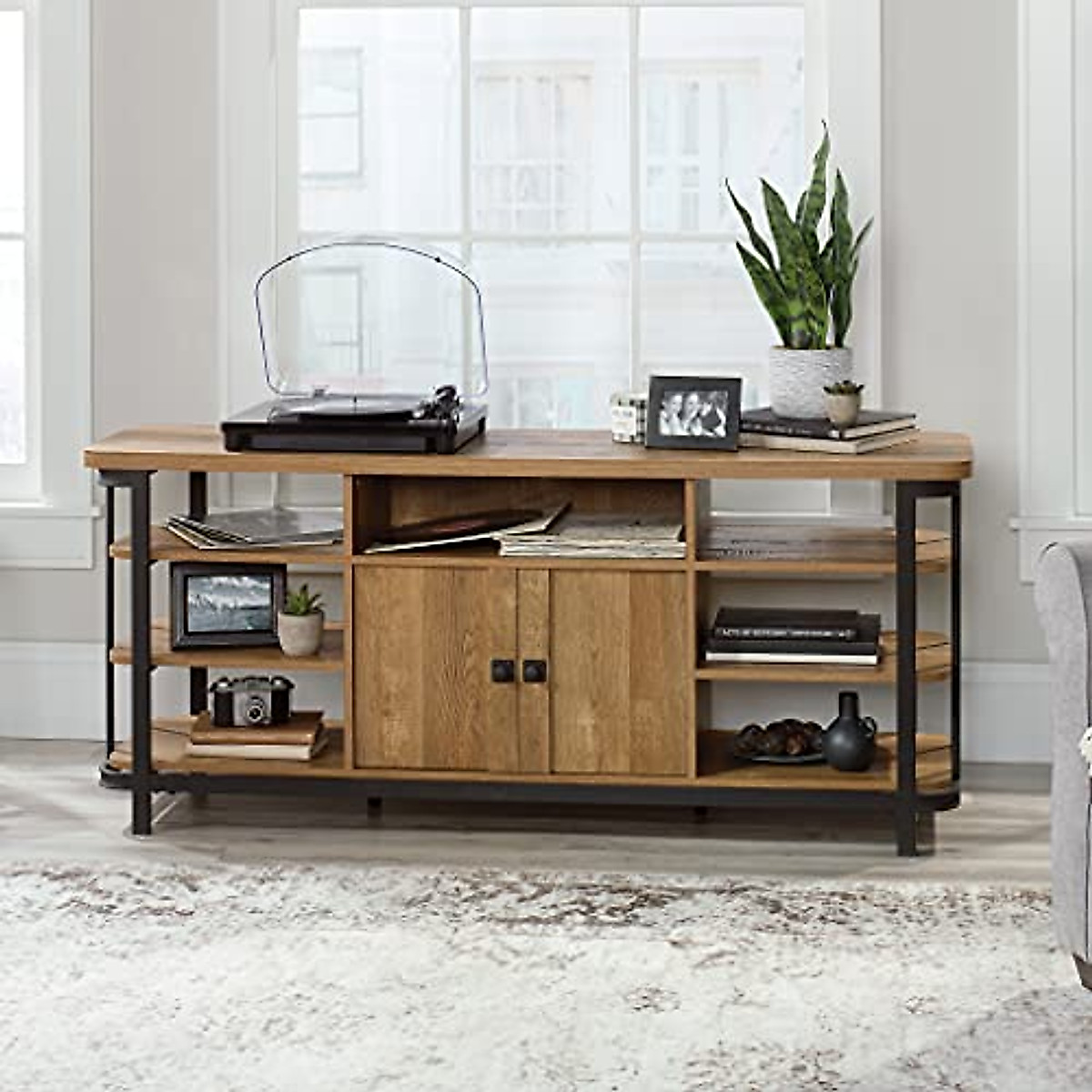 Sauder Station House Wood & Metal TV Credenza with Storage, for TVs up to 54", Etched Oak Finish
