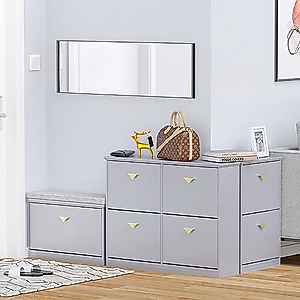 joibabe Shoe Cabinet with Flip Drawers, Shoe Bench with Removable Cushion, Free Standing Tipping Bucket Shoe Rack Organizer with Adjustable Shelf, Shoe Storage Cabinet