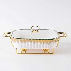 Rectangular Porcelain Casserole Warming Trays for Food, Ceramics Chafers, and Buffet Warmers Sets, Gold Plating Serving Dishes (Small 1.6 quarts)