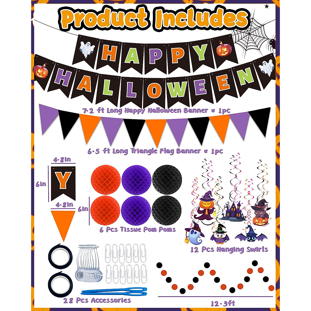 Happy Halloween Banner Halloween Party Decorations Indoor, Paper Pom Poms Triangle Flag Halloween Sign Hanging Garland Swirls Halloween Streamers for Trunk or Treat Decorations