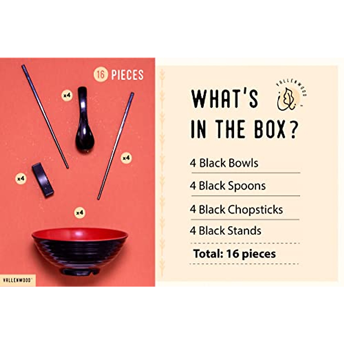 VALLENWOOD 4 set, 16 pieces. Ramen Bowl Set, Asian Japanese soup with Spoons Chopsticks and Stands, Restaurant Quality Melamine, Large 37 oz for Noodles, Pho, Noodle, Udon, Thai, Chinese dinnerware.