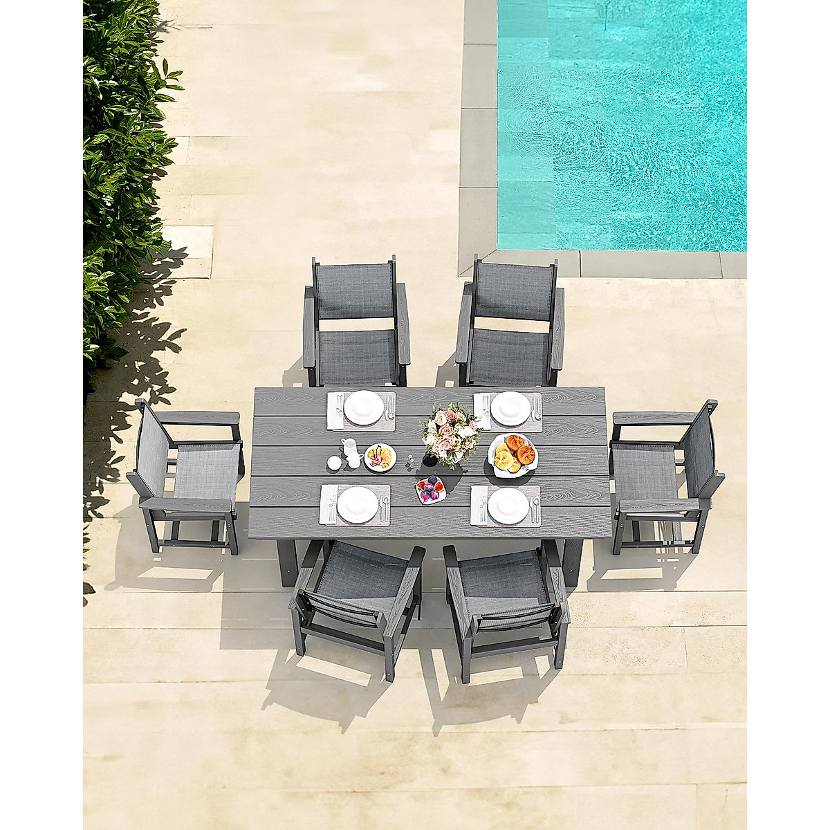 SERWALL 7 Piece Outdoor Dining Table Sets for 6 with 1 Umbrella Hole Cut-Out Rectangular Table and 6 Textilene Chairs, HDPE Dining Table Sets for Garden, Backyard, Poolside, Gray