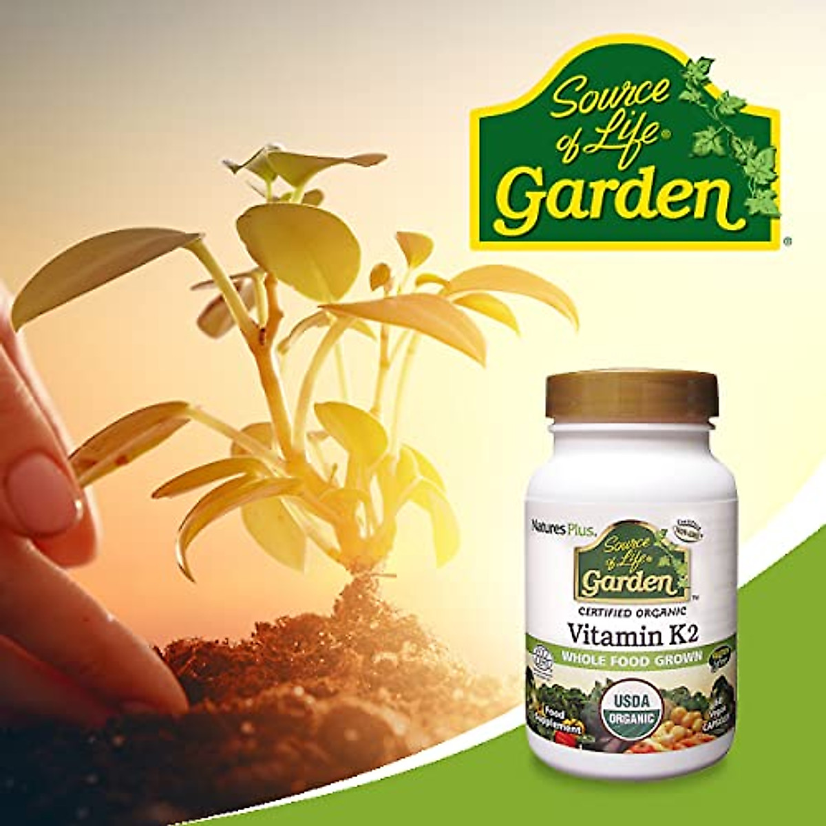 NaturesPlus Source of Life Garden Certified Organic Vitamin K2-120 mcg, 60 Vegan Capsules - Bone Health Supplement - with Natural Whole Food Enzymes - Vegetarian, Gluten-Free - 60 Servings