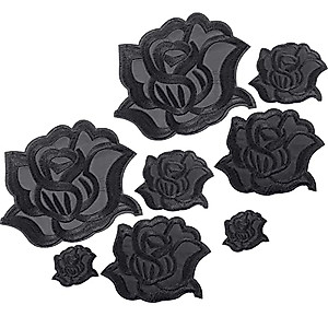 Black Rose Fabric Patches Rose Flower Repair Patches 4 Size Sew on or Iron on Applique Patches for Jacket Jeans Clothes Hats Shoes Bags (8 Pieces)