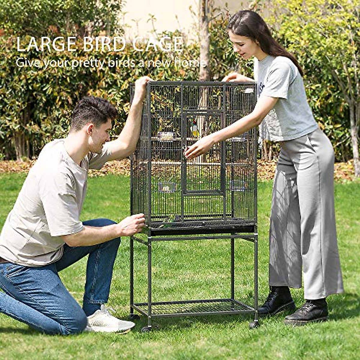 VIVOHOME 54 Inch Wrought Iron Large Bird Cage with Rolling Stand with 30 Inch Height Wrought Iron Bird Cage with Rolling Stand