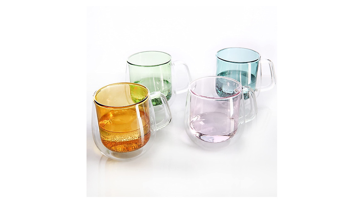Colorful Double Walled Glass Coffee Mug Set - 4 Insulated Cups