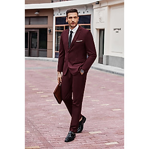 COOFANDY Christmas Suits for Men 2 Pieces Slim Fit Solid Color 2 Buttons Jacket Pants for Wedding Dinner Party Burgundy