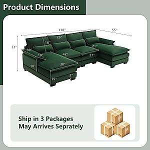 Suheww 109.8" U Shaped Sectional Sofa Cloud Couch, Modern Velvet U Shaped Couch, Large Modular Sleeper Sofa with Double Chaise for Living Room Apartment Guest Room Green