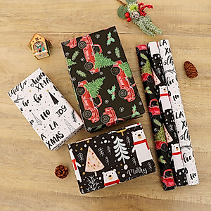 BULKYTREE Christmas Wrapping Paper with Cut Lines for Kids Boys Girls - 3 Mini Rolls Vintage Red Truck, Xmas Greetings Tree, Polar Bear in Black & White - Holiday Gift Wrap Bundle, 17.7 X 120 Inch Per