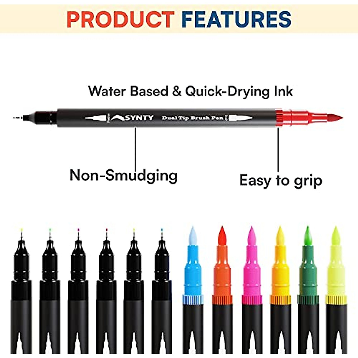 SYNTY 46 Brush Pens, Water-Based, Odourless & Leak Proof Dual Tip – Professional brush markers for Calligraphy, Lettering, Sketching & Drawing