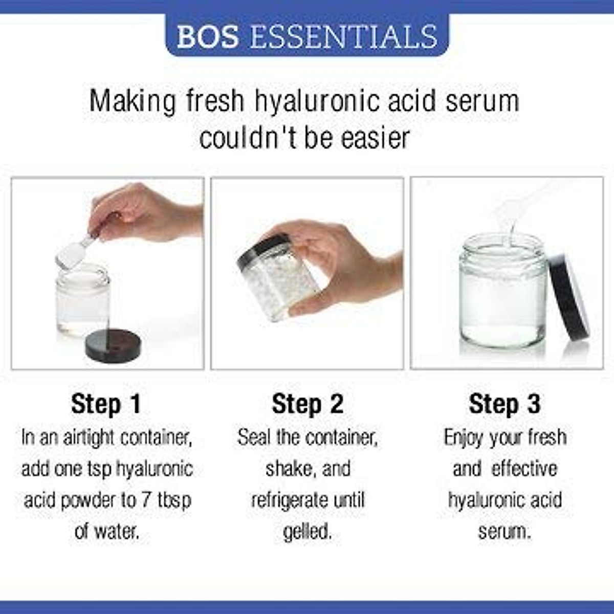 BOS ESSENTIALS Pure Hyaluronic Acid Serum Powder | 100% NATURAL | High Molecular Weight | Locks in moisture and creates full, youthful skin - Makes 50+ ounces of anti aging Hyaluronic Acid serum!
