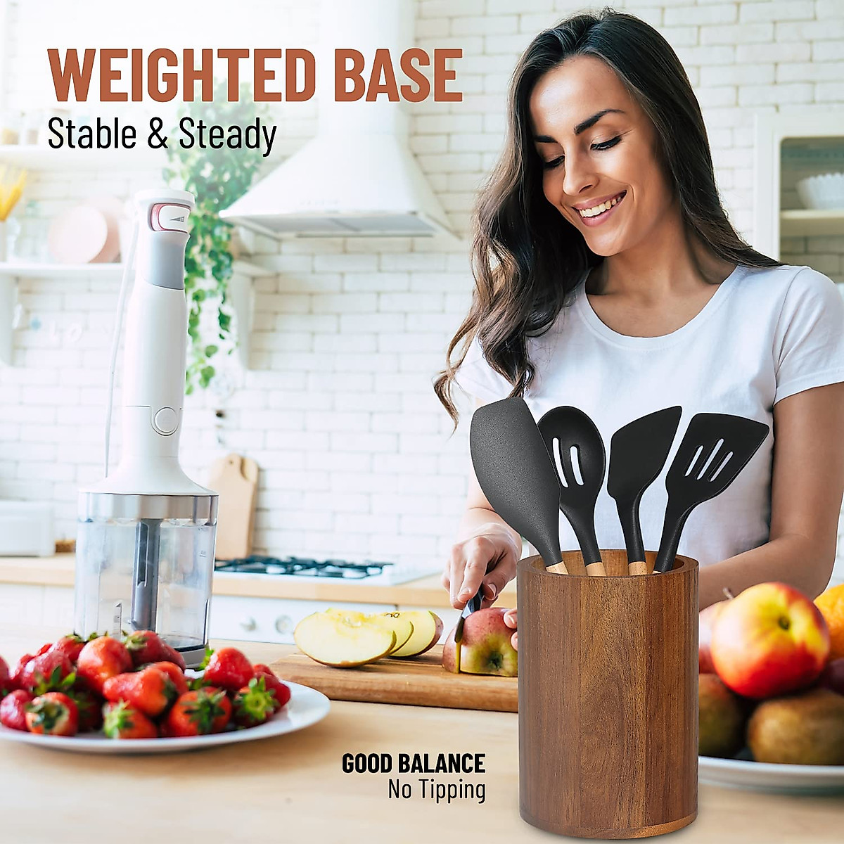 Acacia wood Utensil Holder for Kitchen Counter Decor, Flatware & Utensil Storage Organizer - Kitchen Utensil Organizer for Countertops, Pantry, Bathroom, Office & Center Table