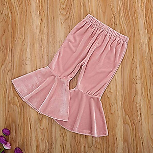 GOOCHEER Kids Toddler Little Baby Girl Fall Winter Velvet Bell Bottom Flare Pants Ruffle Leggings Trousers (Velvet-Pink, 6-12Months)