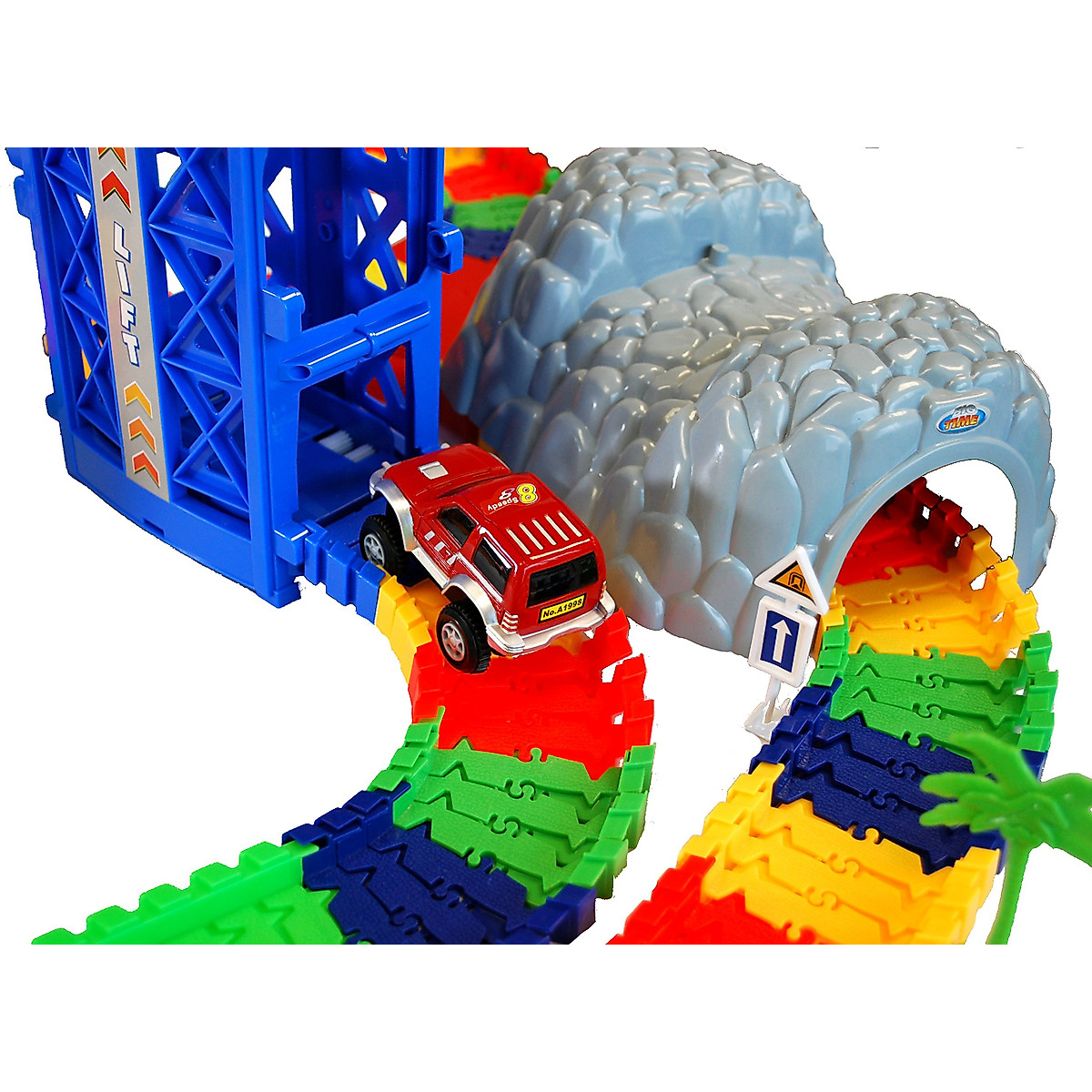 MMP Living Super Snap Speedway - Deluxe Bend and Flex Track Set with 3 Electric Cars, Tunnels, Bridge, Elevator, ramp, Track Merge and Accessories - Over 300 Pieces