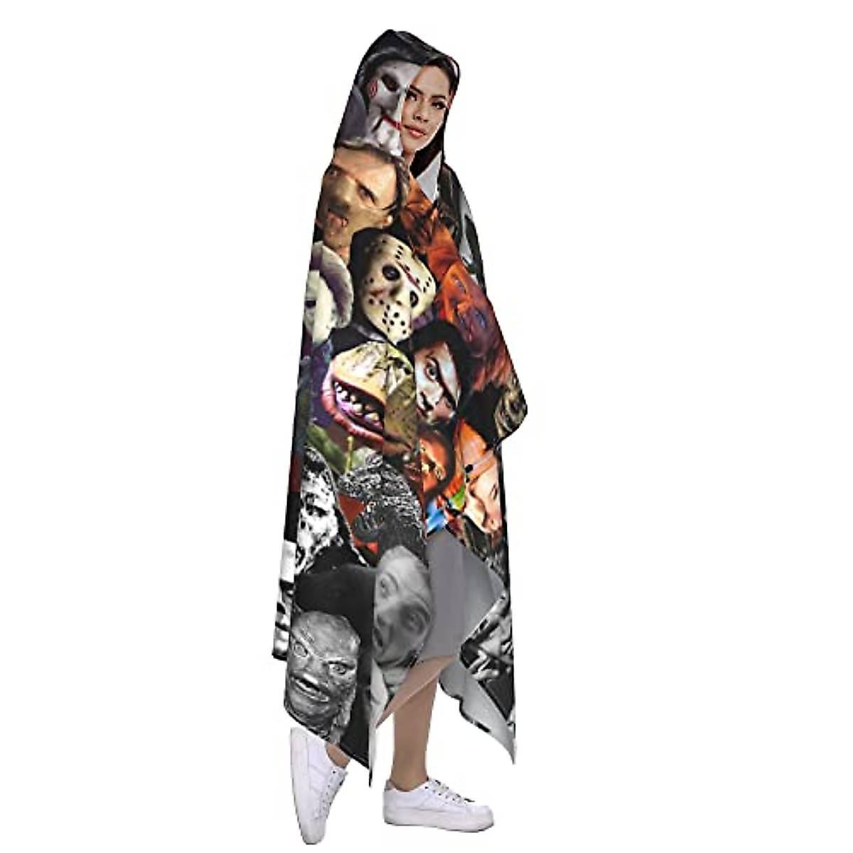 Horror Movie Wearable Hoodie Blanket, Halloween Movie Throw Flannel Fleece Blanket for Bedding Couch Sofa Living Room Throws Home Decoration 80"X60"