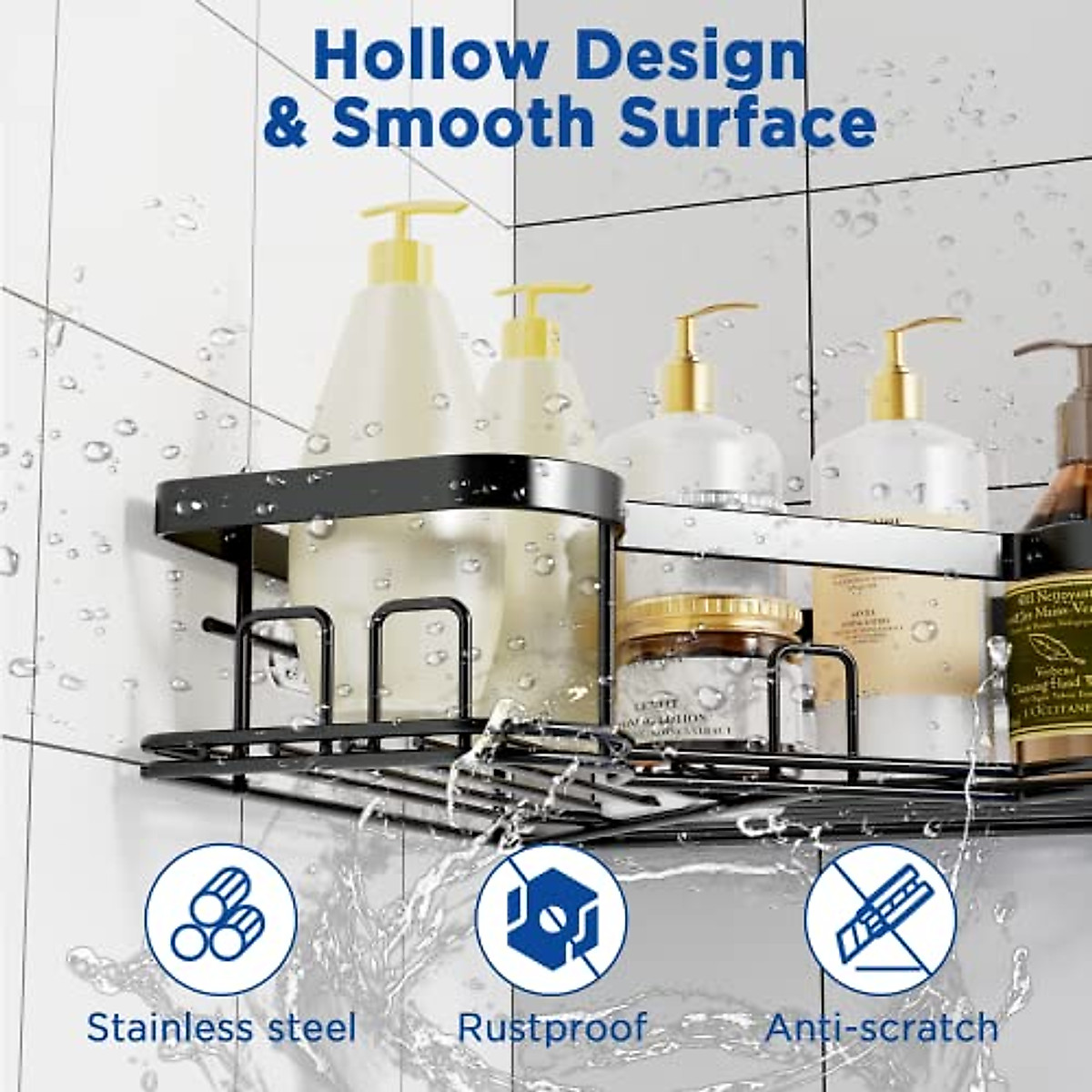 JOMOQ Shower Caddy, 2 Pack Corner Shower Caddy, Adhesive Shower Organizer,Rustproof Stainless Steel No Drilling Shower Shelf for Bathroom and kitchen Storage, Matte Black