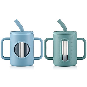 POIKSHARK Kids & Toddler Cups with Handle, Training Glass Tumbler 8 oz with Silicone Sleeves and Silicone Straws, BPA Free, Water Bottle, Smoothie Cups, Spill Proof Sippy Cups for Kid - Blue, Green