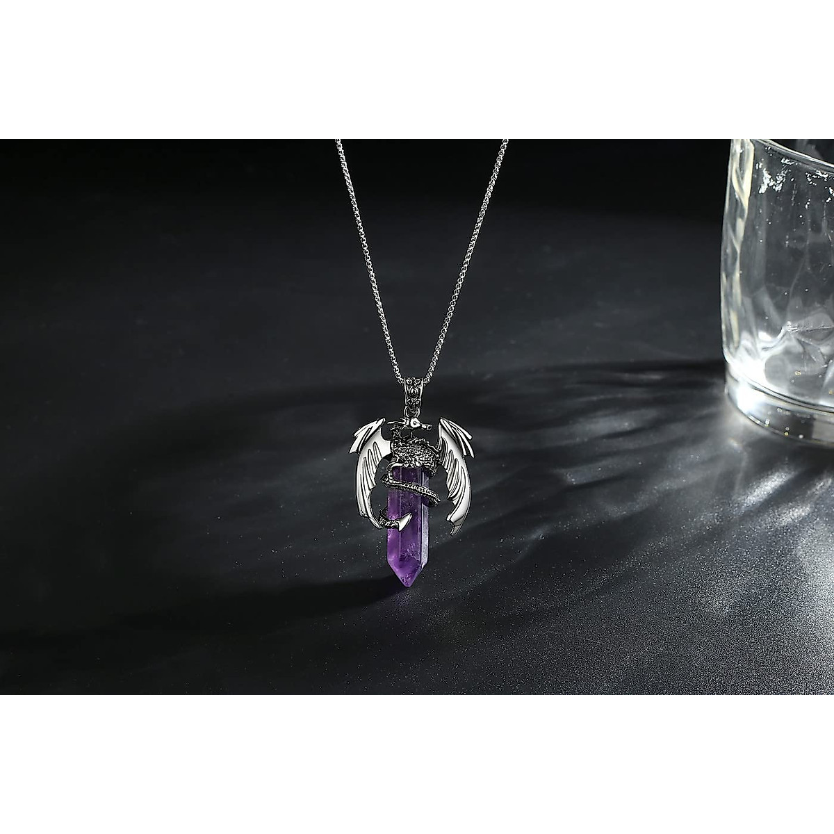 XIANNVXI Crystal Healing Stone Necklace for Men Women Amethyst Vintage Dragon Necklace Cool Simple Retro Natural Reiki Spirtural Witch Gemstone Pendant Jewelry