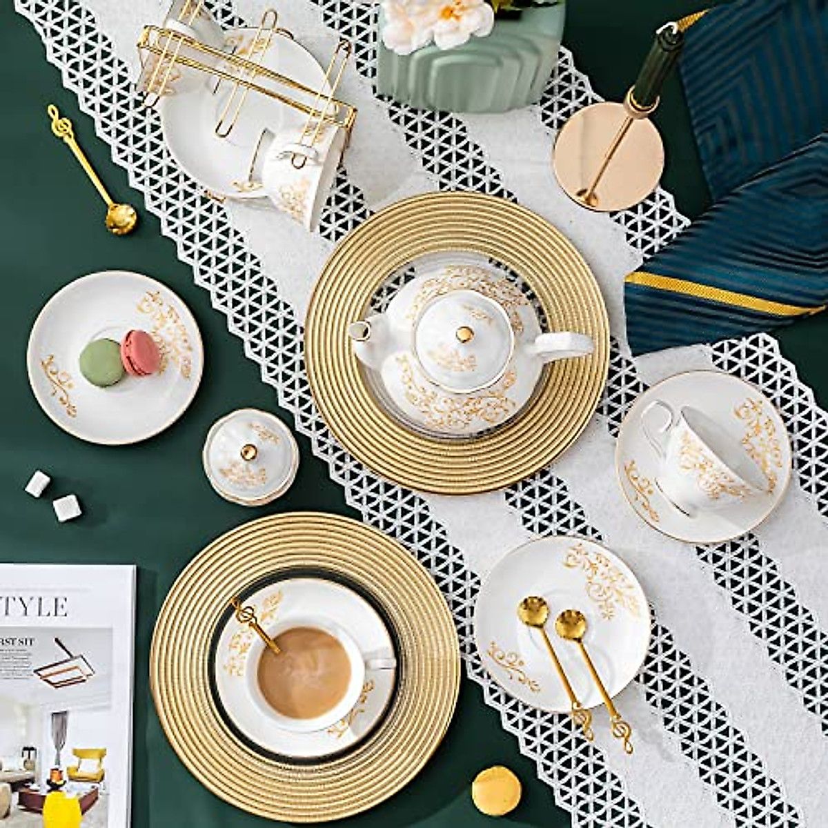 Daveinmic 22-Pieces Porcelain Tea Set, Cups& Saucer Service for 6, with Spoons,Teapot,Sugar Bowl,Creamer Pitcher and Golden Metal Rack,China Tea Gift Sets for Home&Party